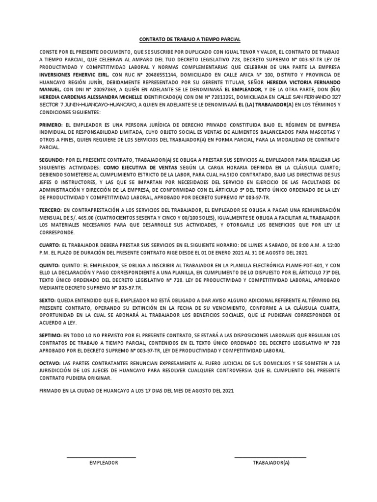 Contrato de Trabajo A Tiempo Parcial - Heredia Cardenas Alessandra ...