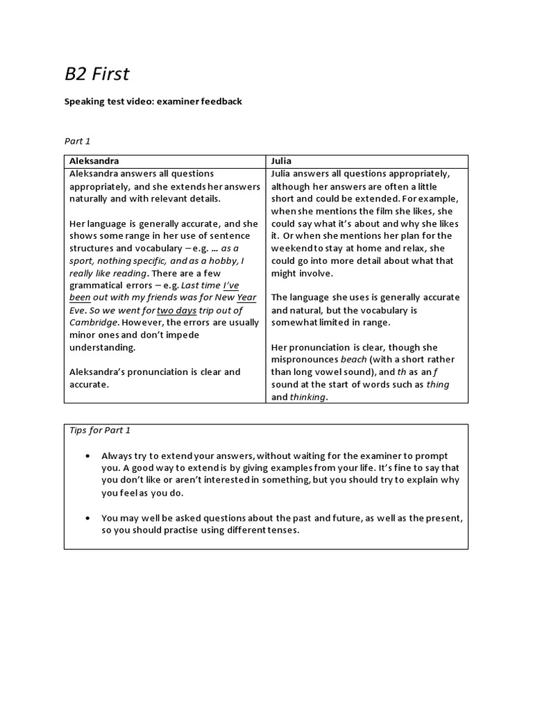 Open World First - B2 - Examiner Feedback 2 | PDF | Question | Vocabulary
