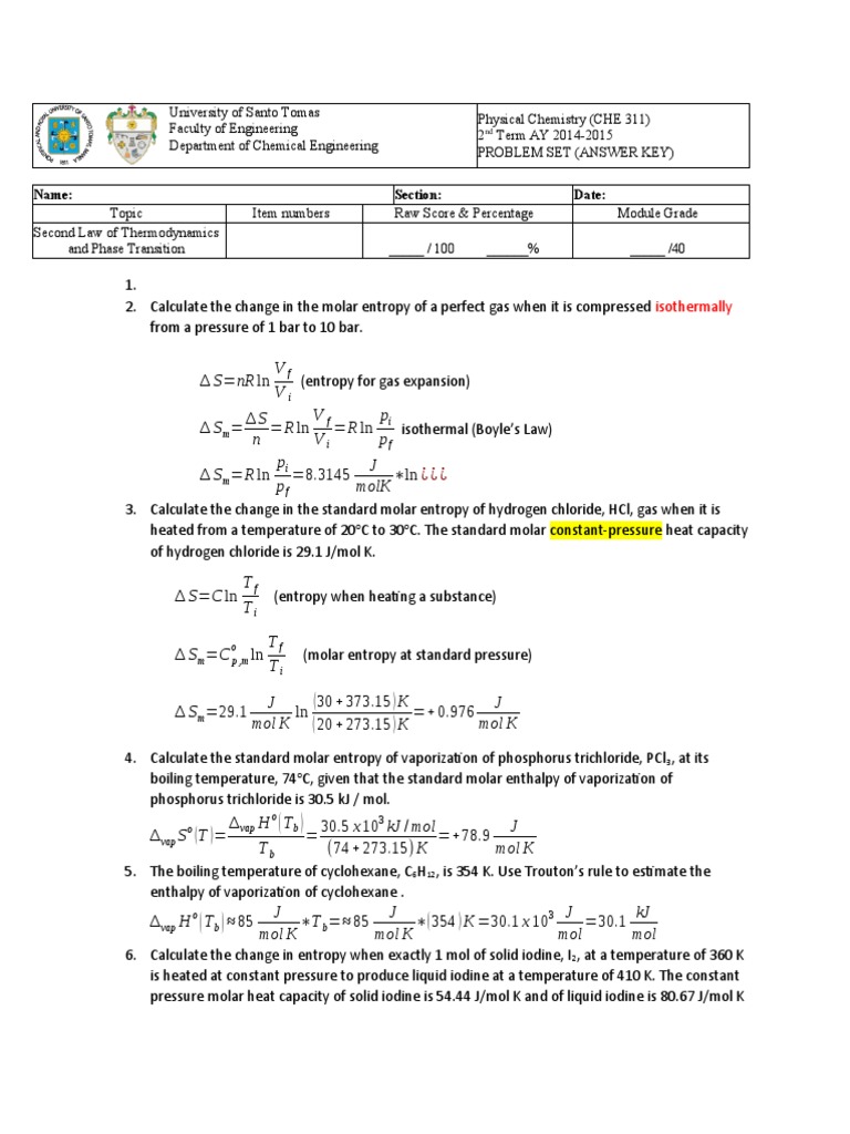 ChE 311 Problem Set With Answer Key | PDF | Entropy | Enthalpy