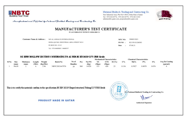 Manufacturer'S Test Certificate: Manufactured and Supplied by National ...