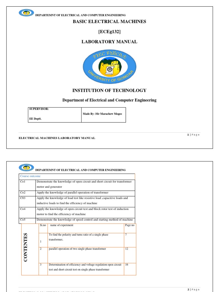 Basic Electrical Machines (Eceg132) Laboratory Manual: Department of ...