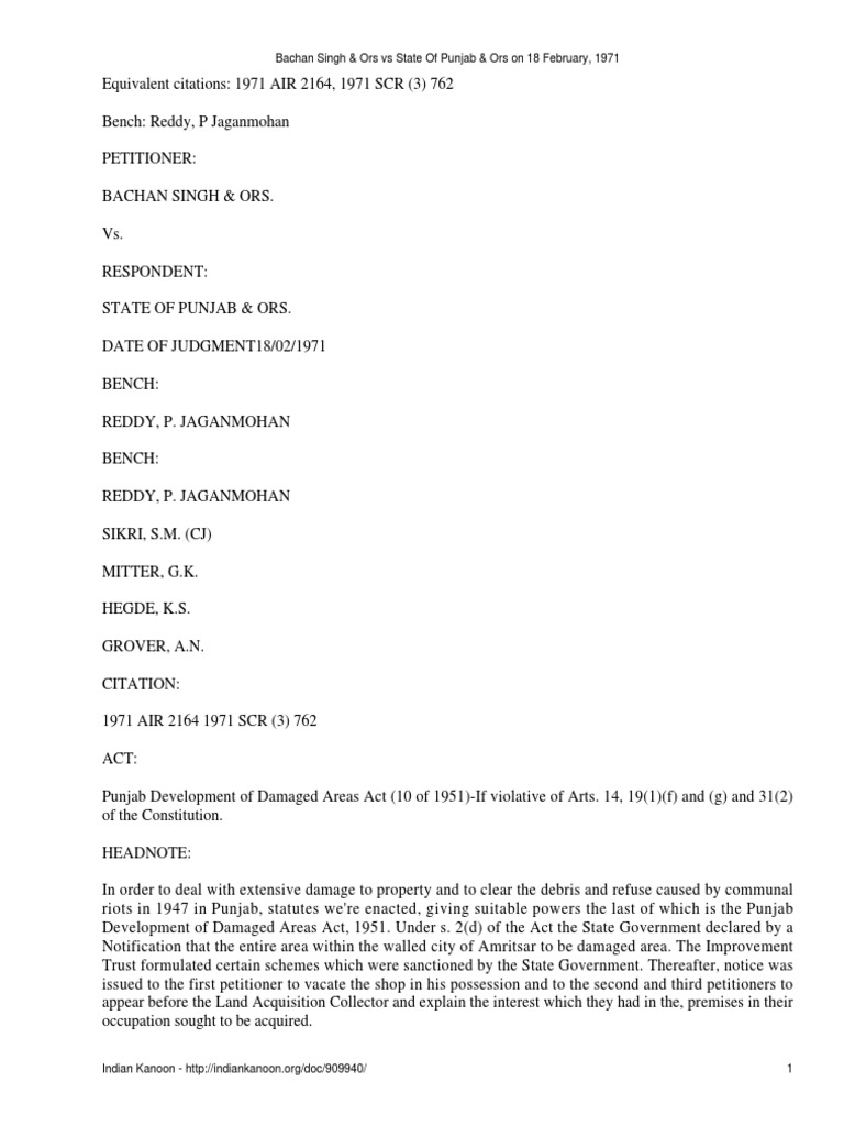 Bachan Singh & Ors Vs State of Punjab & Ors On 18 February, 1971 | PDF | Interest | Judgment (Law)