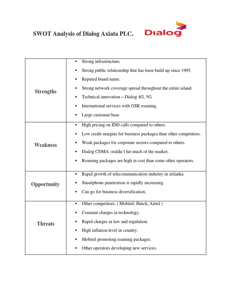 SWOT Analysis of Dialog Axiata PLC | PDF
