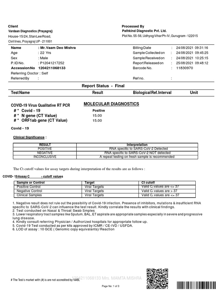 Molecular Diagnostics: Report Status - Final Test Name Result ...