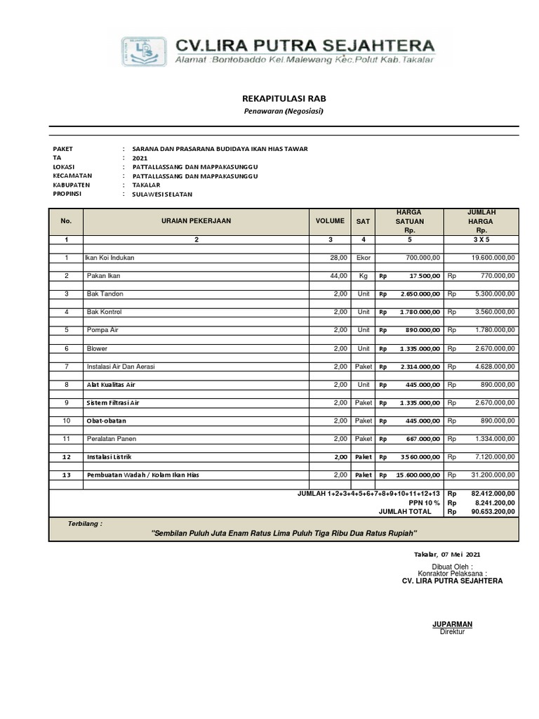 Fix Revisi Rab Dan Bobot 100 Kolam Ikan 2021 | PDF