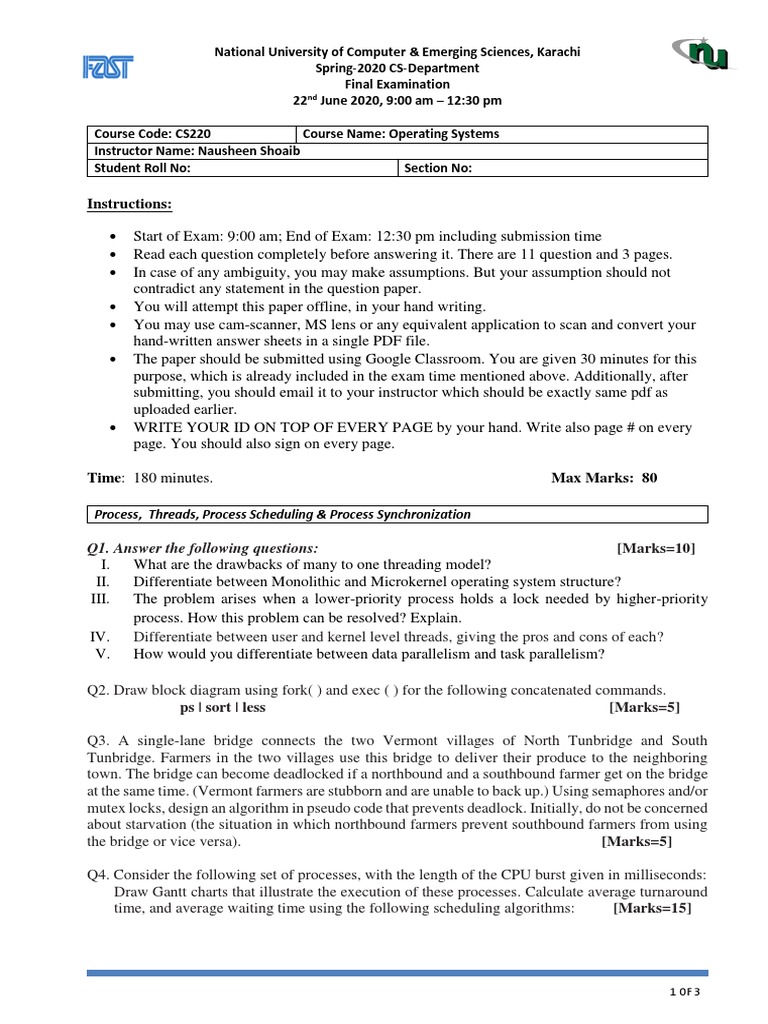 Instructions:: Q1. Answer The Following Questions: (Marks 10) | PDF | Thread (Computing ...