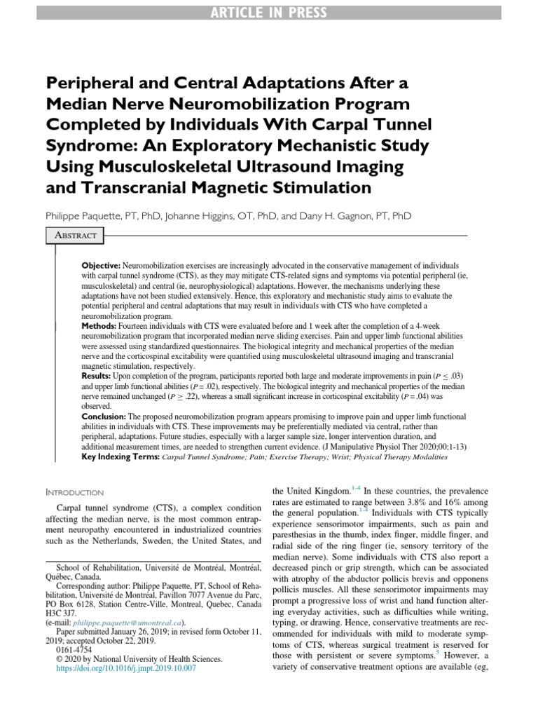 Peripheral and Central Adaptations After A Median Nerve ...