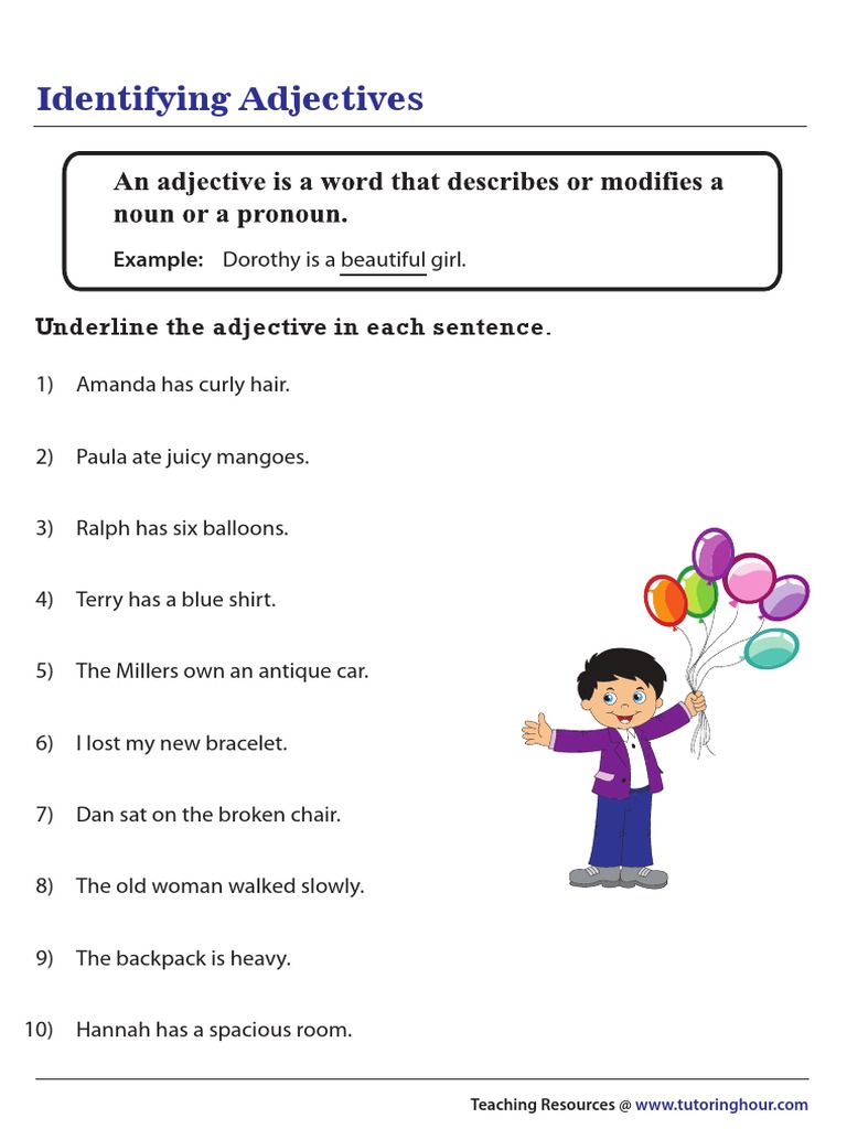 Identifying Adjectives: Underline The Adjective in Each Sentence | PDF
