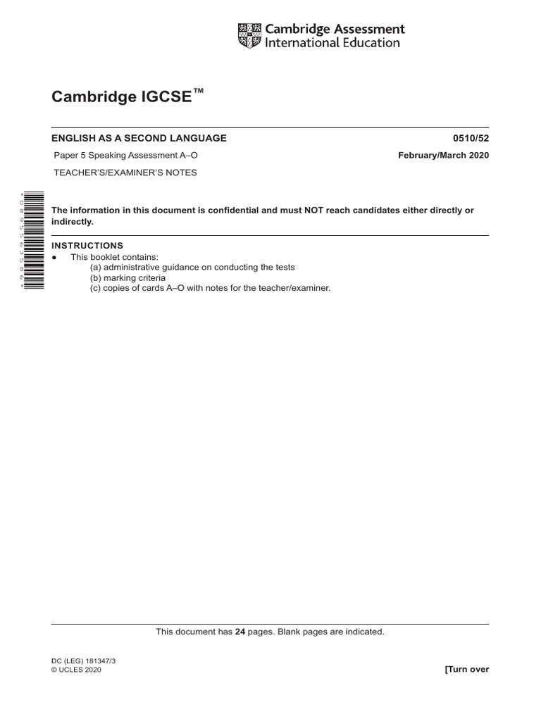 Cambridge IGCSE: English As A Second Language 0510/52 | PDF | Test ...