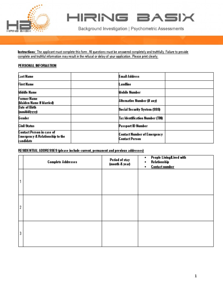 BGV Form Template - HBI | PDF | Background Check | Common Law BGV Form Template - HBI | PDF | Background Check | Common Law