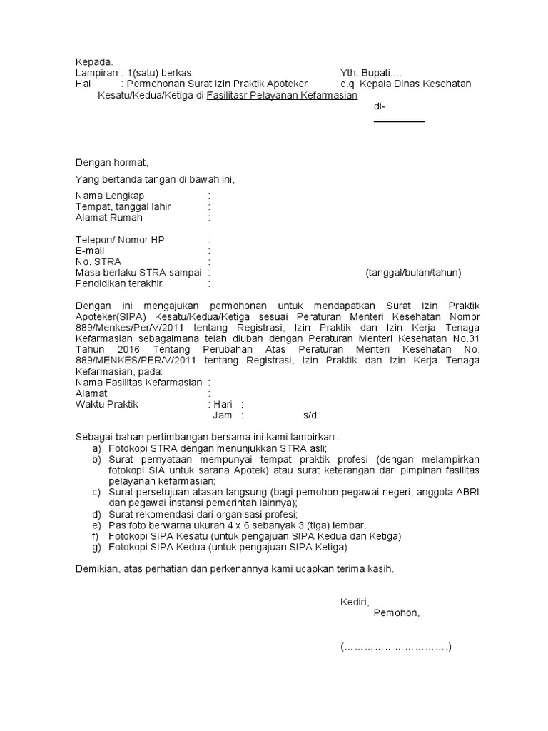 Contoh Permohonan Surat Izin Praktik Apoteker - SIPA | PDF