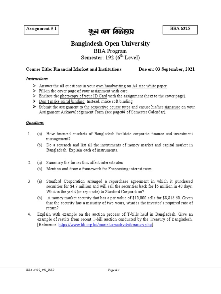 Bangladesh Open University: BBA Program Semester: 192 (6 Level) | PDF ...