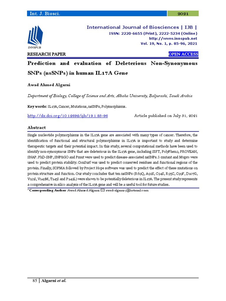 Prediction and Evaluation of Deleterious Non-Synonymous SNPs (NSSNPS) in Human IL17A Gene - IJB ...