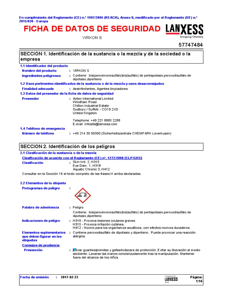 VIRKON S Lanxess | PDF | Agua | Sal (química)