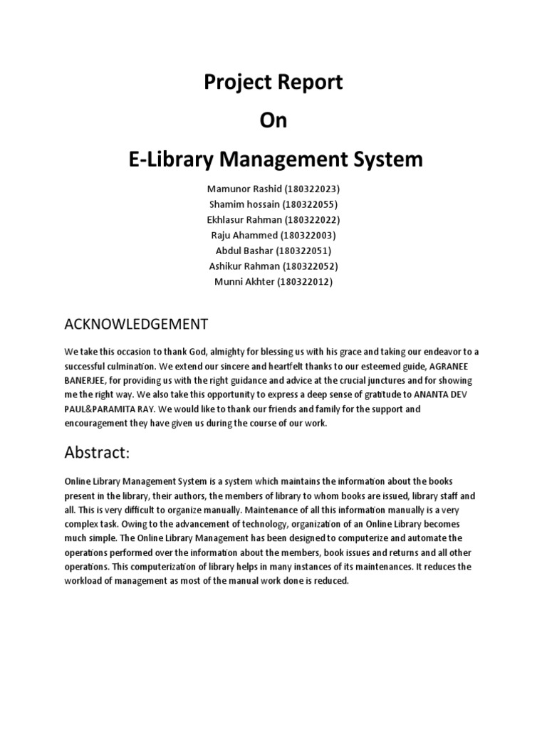 Project Report On E-Library Management System: Acknowledgement | PDF ...