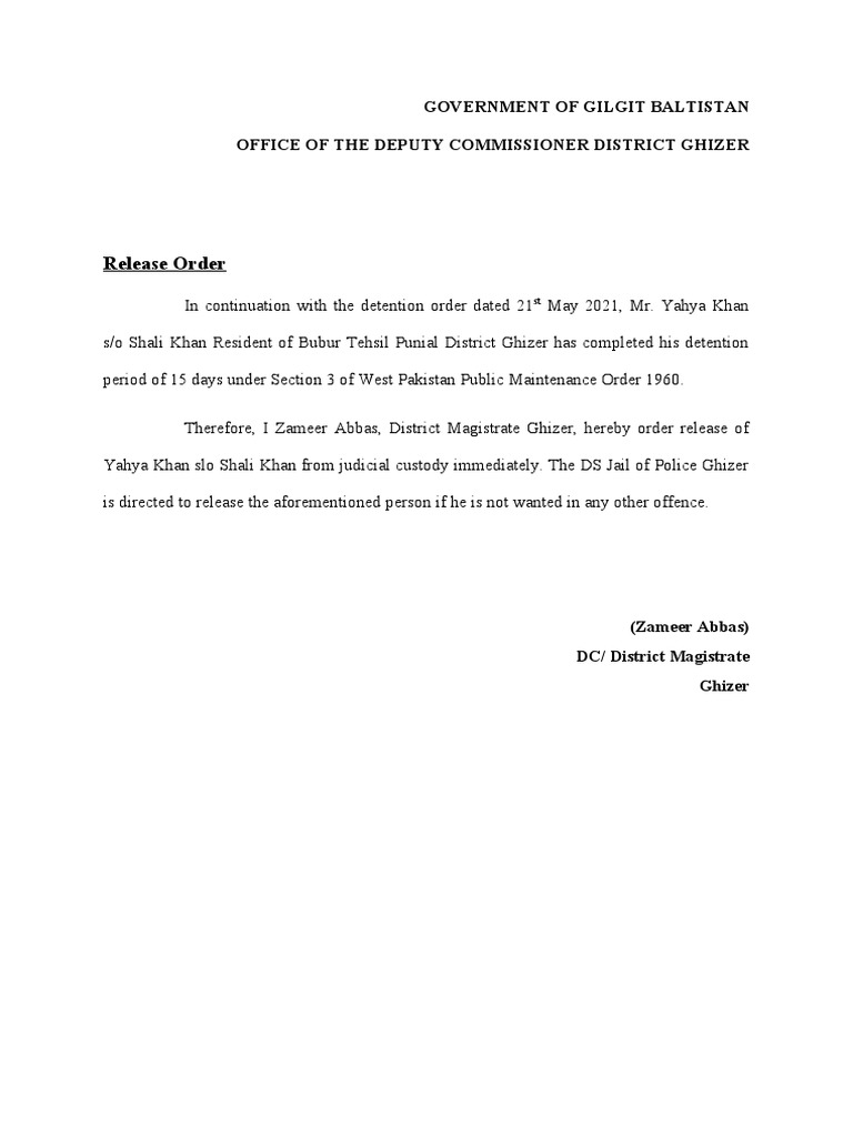 Release Order: Government of Gilgit Baltistan Office of The Deputy ...