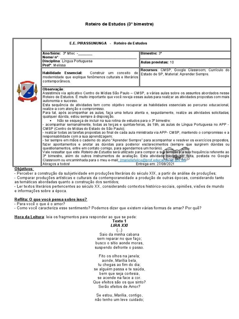 Atividade - 3º Bi 3º Mtec 09 A 28 de Agos | PDF | Amor