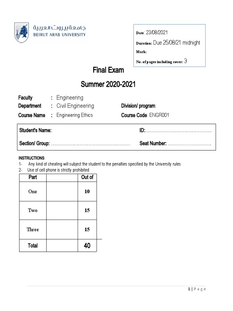 Final Exam Summer 2020-2021: Engineering Civil Engineering | PDF | Test ... Final Exam Summer 2020-2021: Engineering Civil Engineering | PDF | Test ...