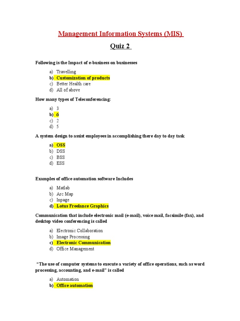 MIS-Quiz 2 | PDF | System | E Commerce
