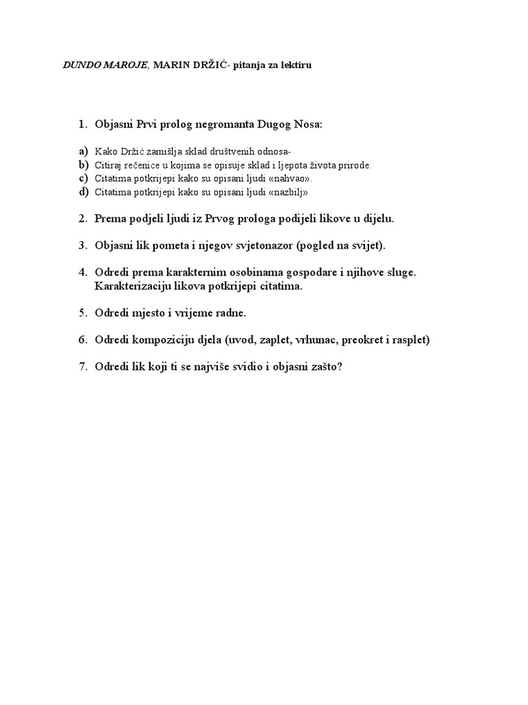 DUNDO MAROJE-pitanja Za Obradu Lektire | PDF