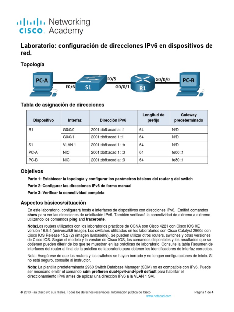12.9.2 Lab - Configure Ipv6 Addresses On Network Devices - Es XL | PDF | Enrutador (Computación ...
