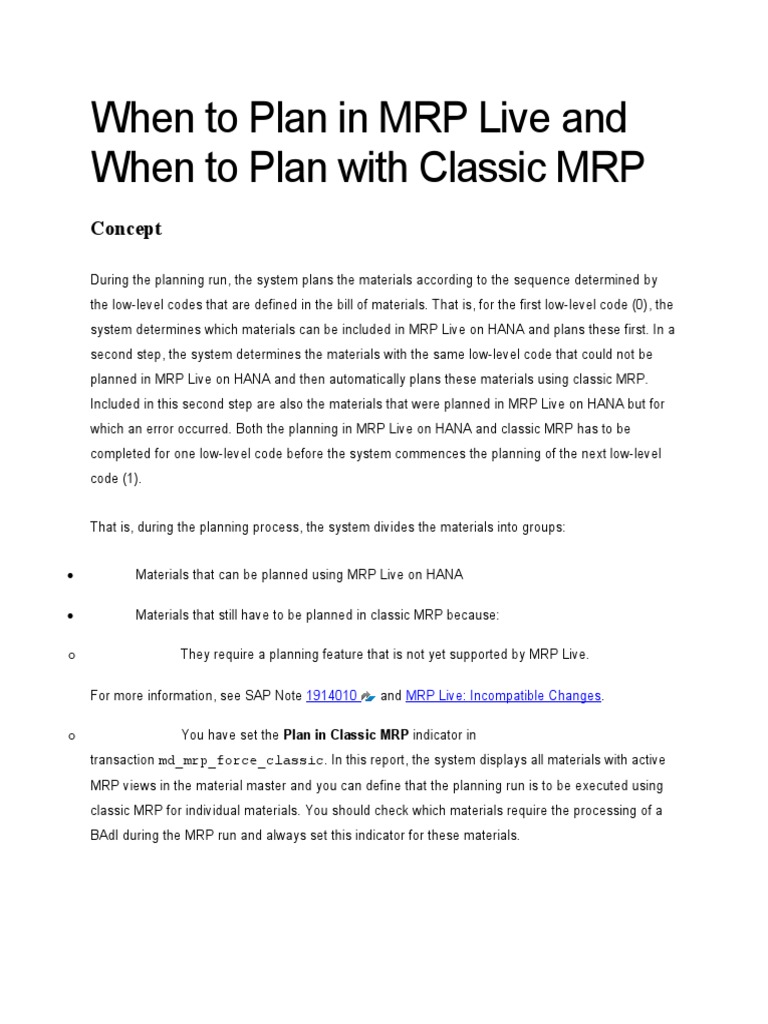 When To Plan in MRP Live and When To Plan With Classic MRP | PDF ...