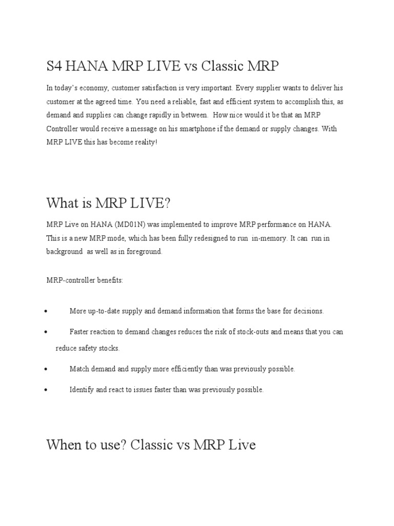 s4 Hana MRP Live Vs Classic MRP | PDF