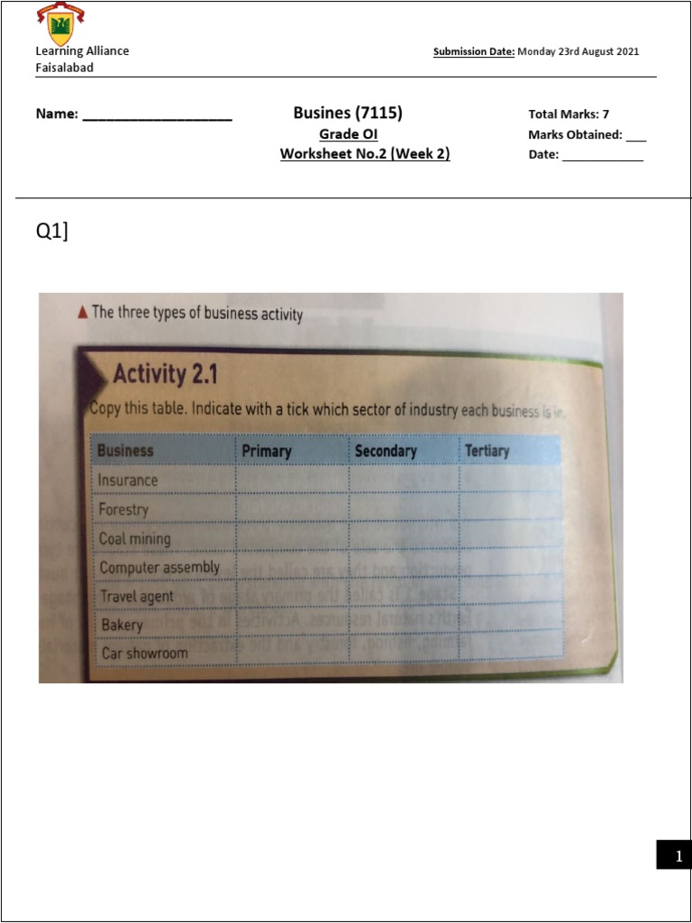 O1 Business Classwork 1, Week 2 (Worksheet 2) | PDF