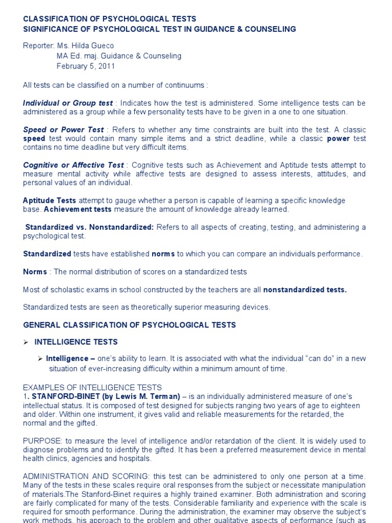 Classification of Psychological Tests 2 | PDF | Psychological Testing ...