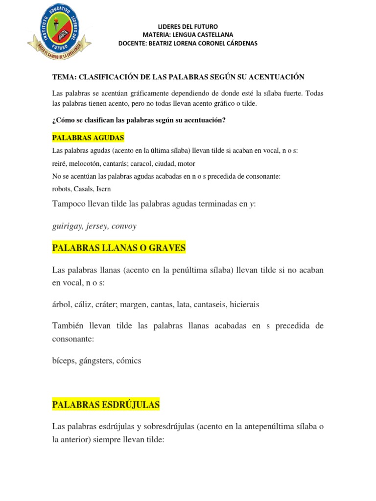 Clasificación de Las Palabras | PDF | Estrés (lingüística) | Sílaba