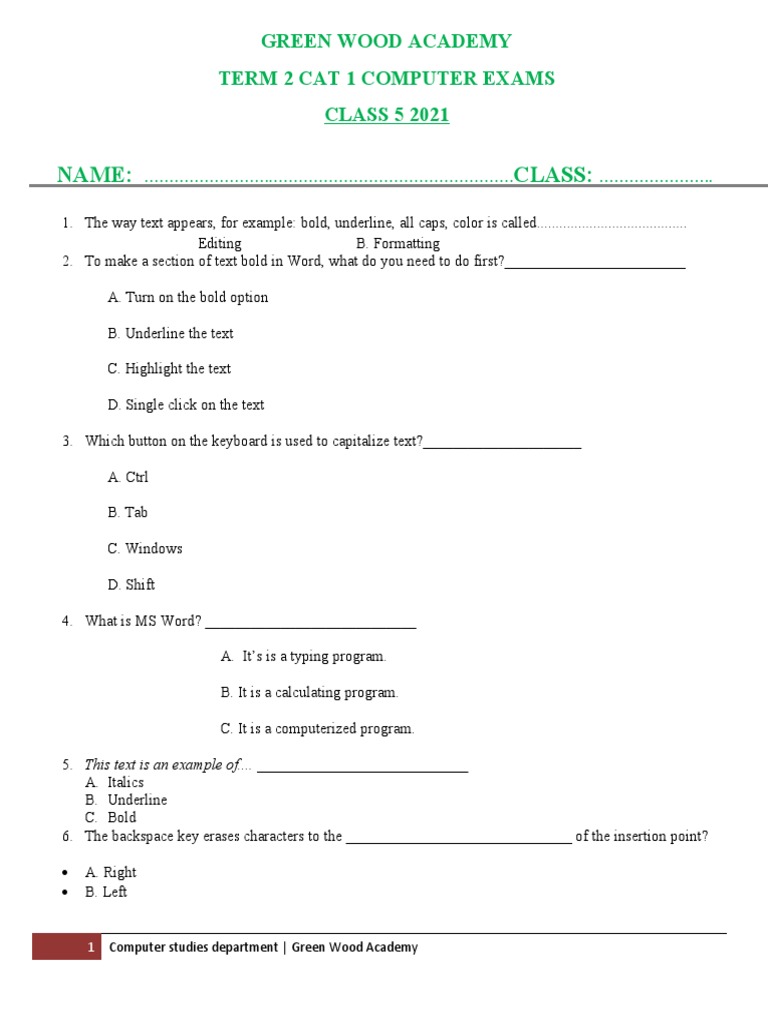 STD 5 Computer Exam Term 2 Cat 1 Computer Exams | PDF | Cursor (User ...