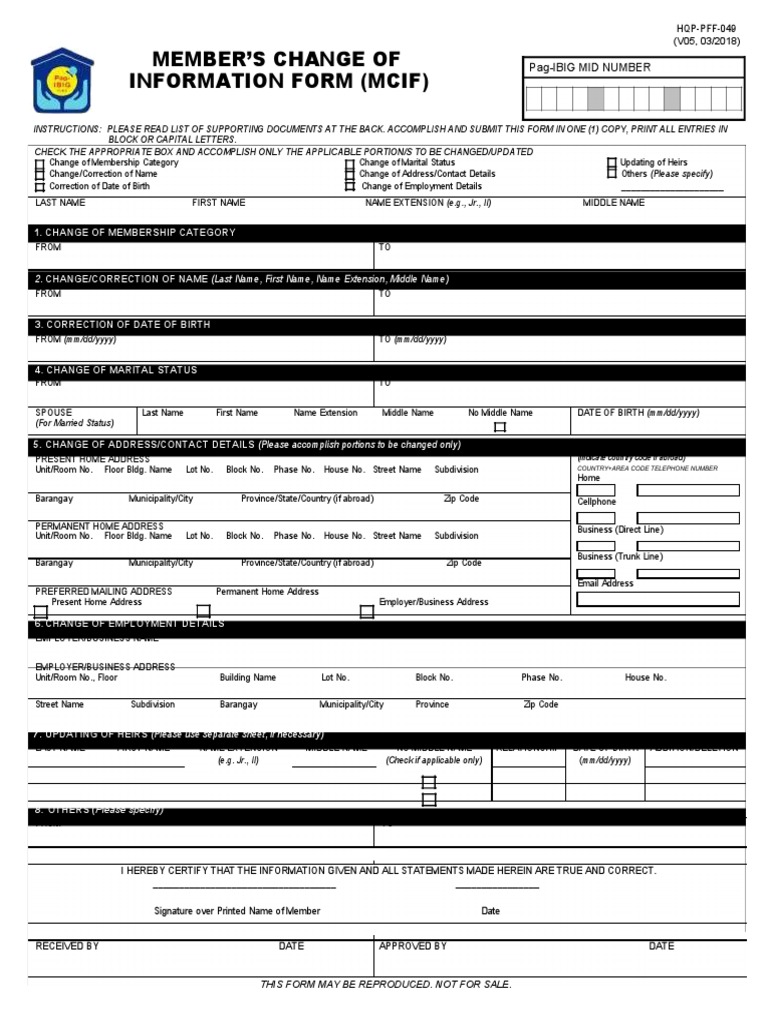 Member'S Change of Information Form (Mcif) : 2. (Last Name, First Name ...
