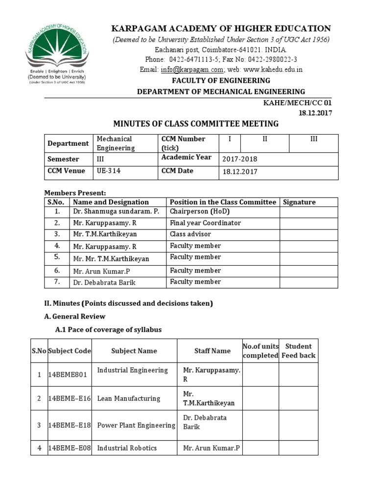 Karpagam Academy of Higher Education: Minutes of Class Committee ...