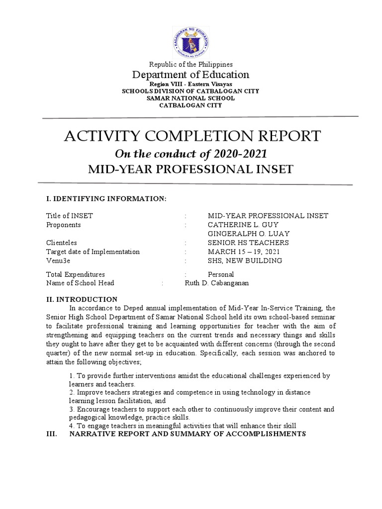 Activity Completion Report: Mid-Year Professional Inset | PDF ...