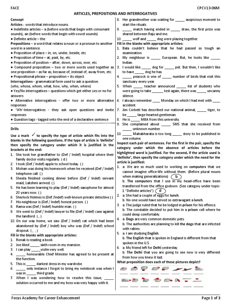 Articles, Prepositions and Interrogatives | PDF | Preposition And ...