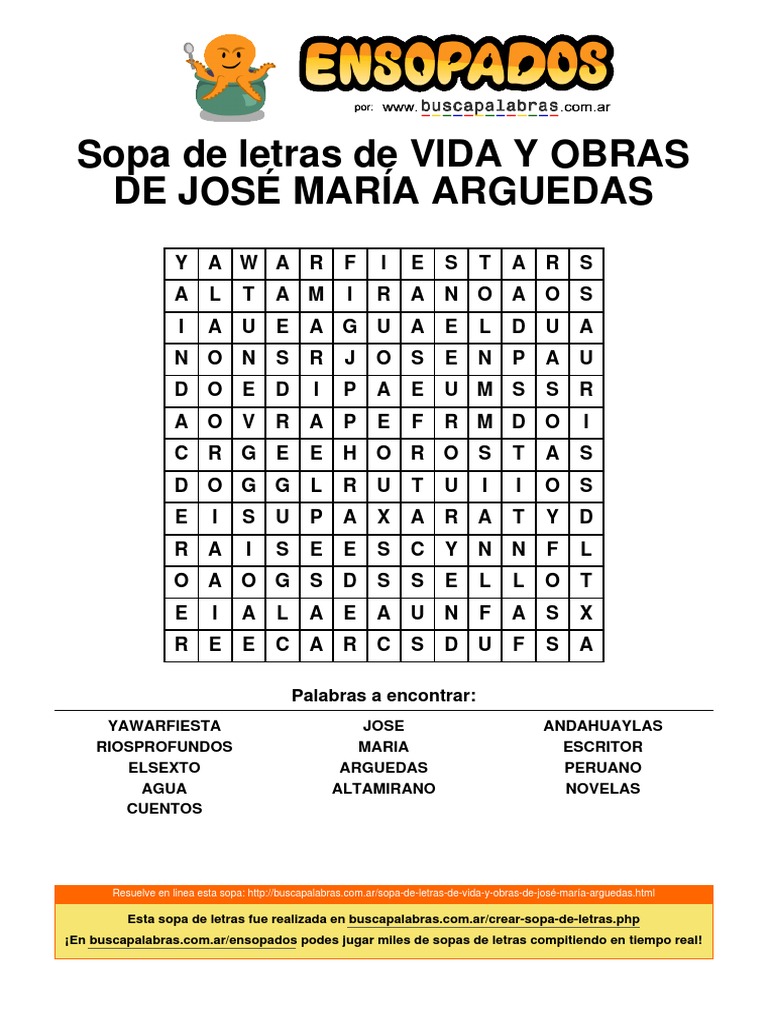 Sopa de Letras de Vida y Obras de José María Arguedas | PDF
