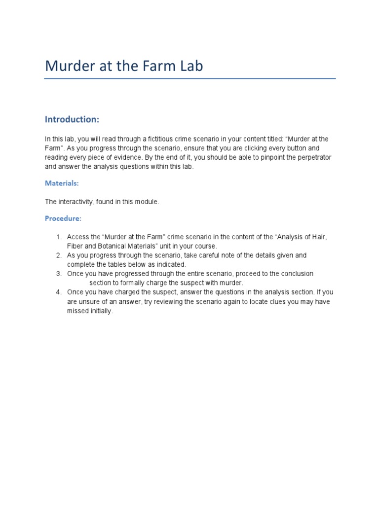 Murder at The Farm Lab: Materials | PDF | Crime Scene | Hair