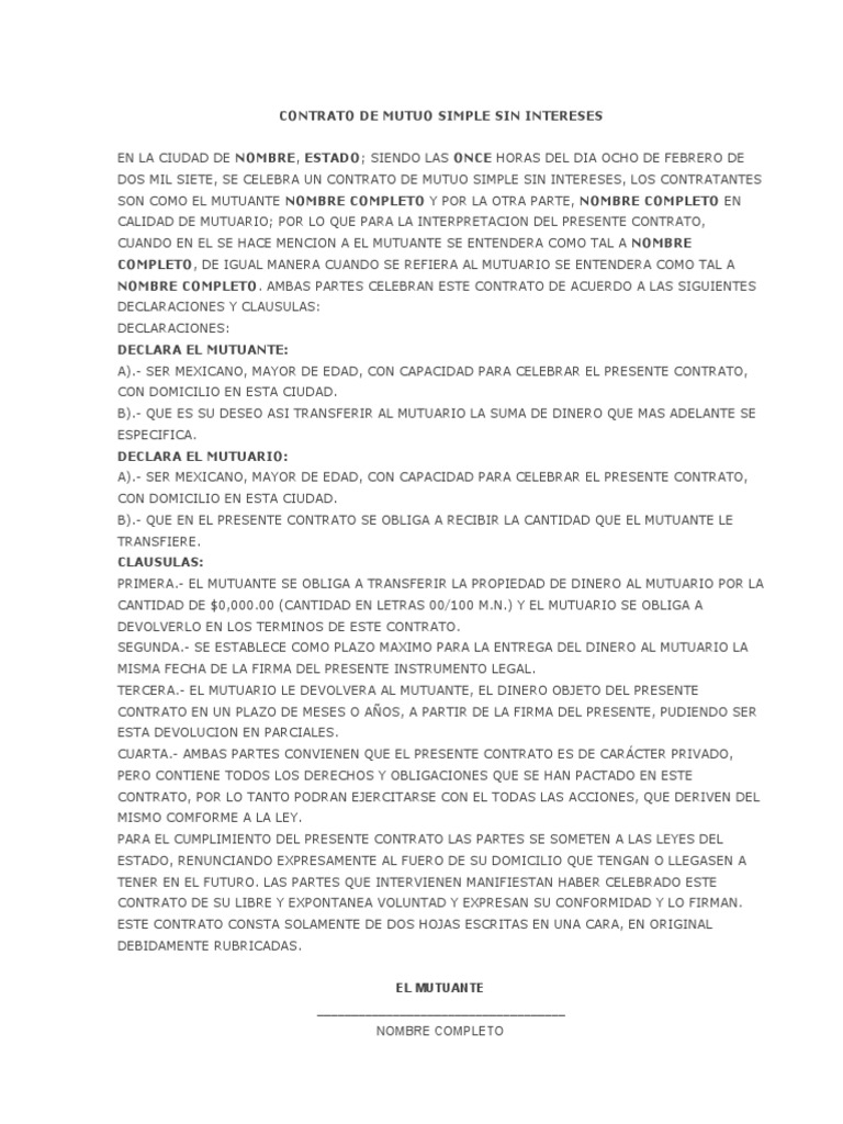 CONTRATO DE MUTUO SIMPLE SIN INTERESES Urgente | Descargar gratis PDF ...
