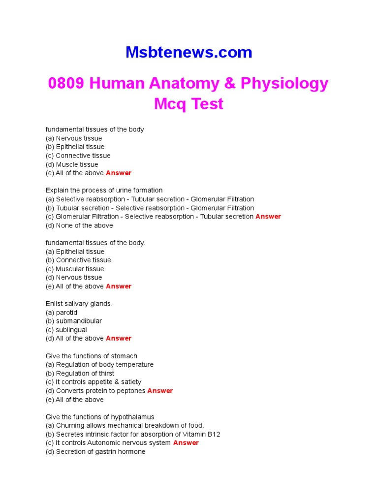 Anatomy & Physiology MCQ Test Guide | PDF | Human Body | Heart