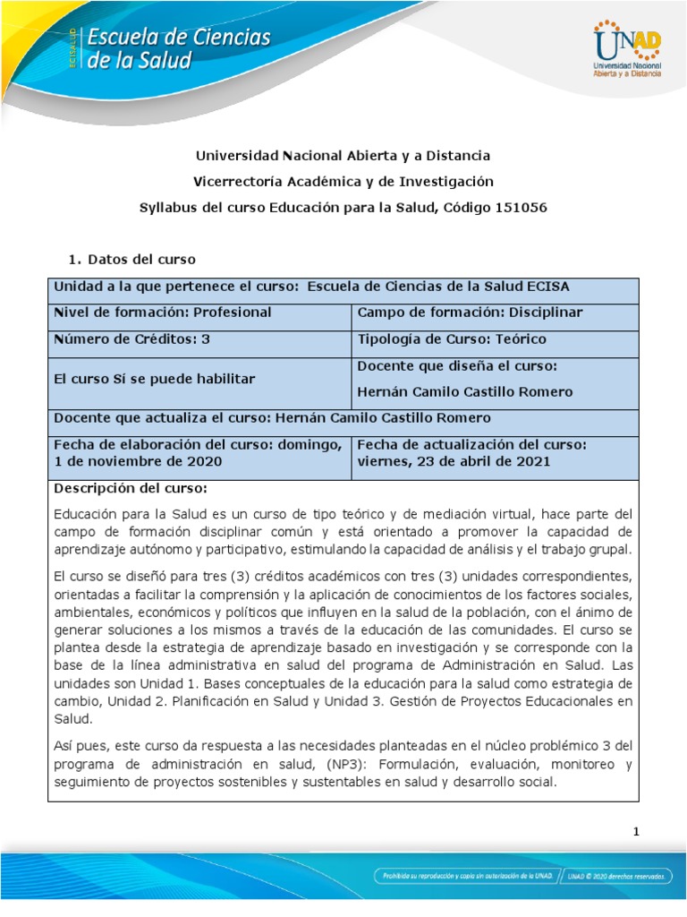 Syllabus Del Curso - Educación para La Salud | PDF | Evaluación ...