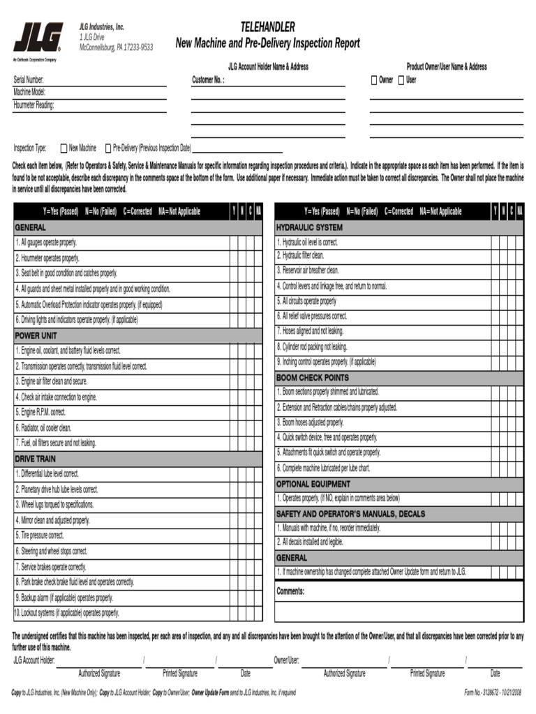 Telehandler New Machine and Pre Delivery Inspection Report PDF | PDF ...