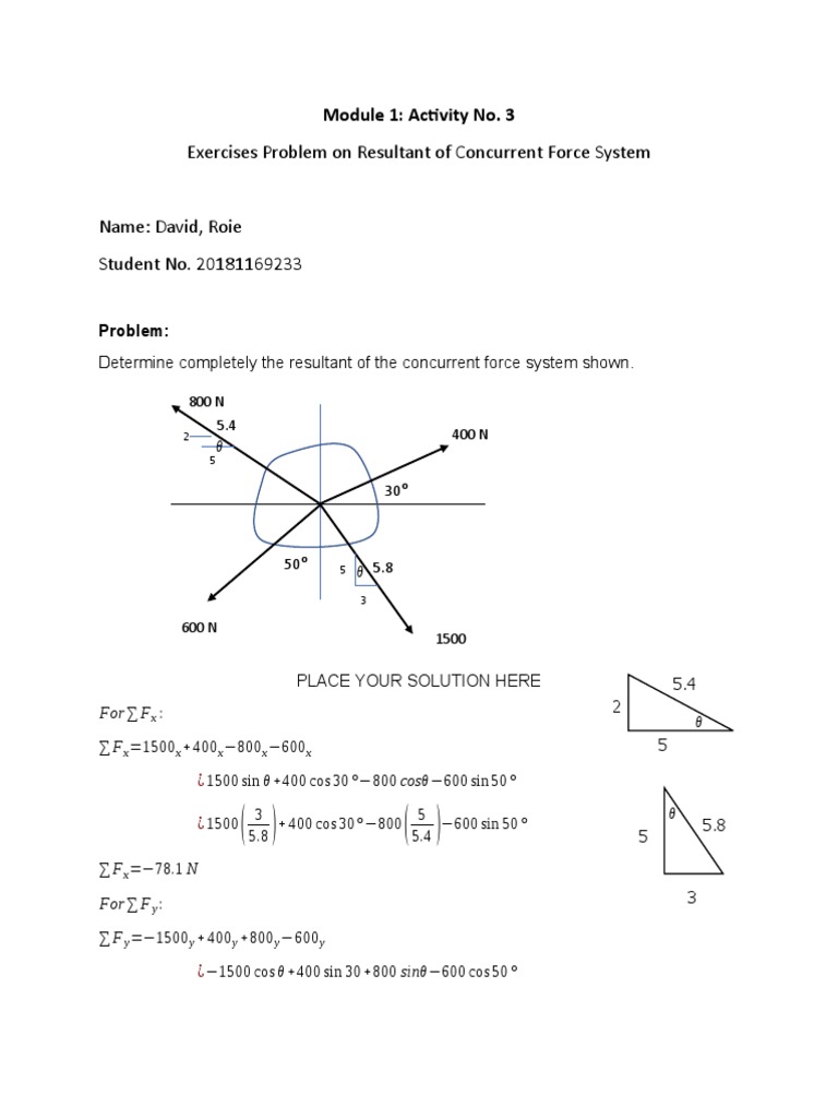 Exercises Problem On Resultant of Concurrent Force System: Module 1: Activity No. 3 | PDF