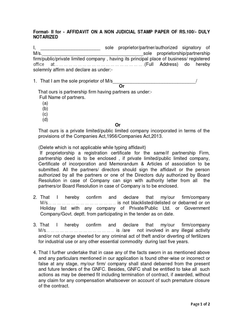 Format II (Affidavit On A Non Judicial Stamp Paper of Rs.100) | PDF ...
