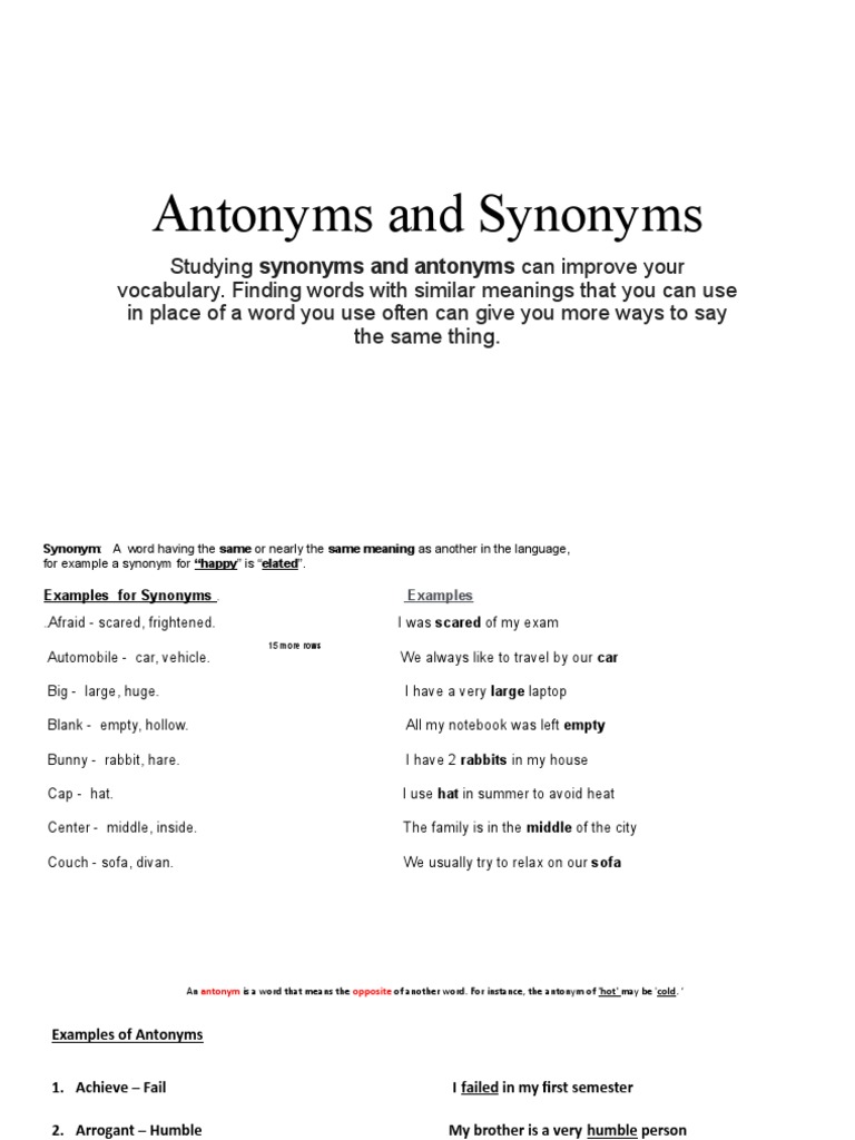 Antonyms and Synonyms | PDF