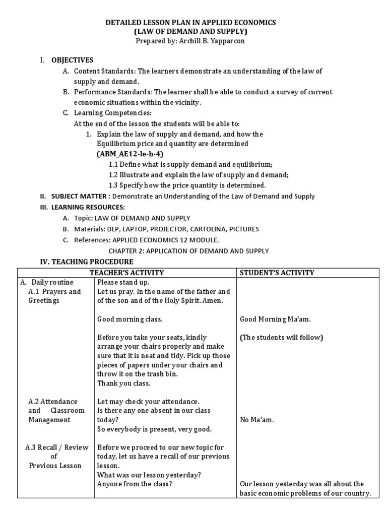 Law of Demand and Supply Lesson Plan | PDF | Supply (Economics ...