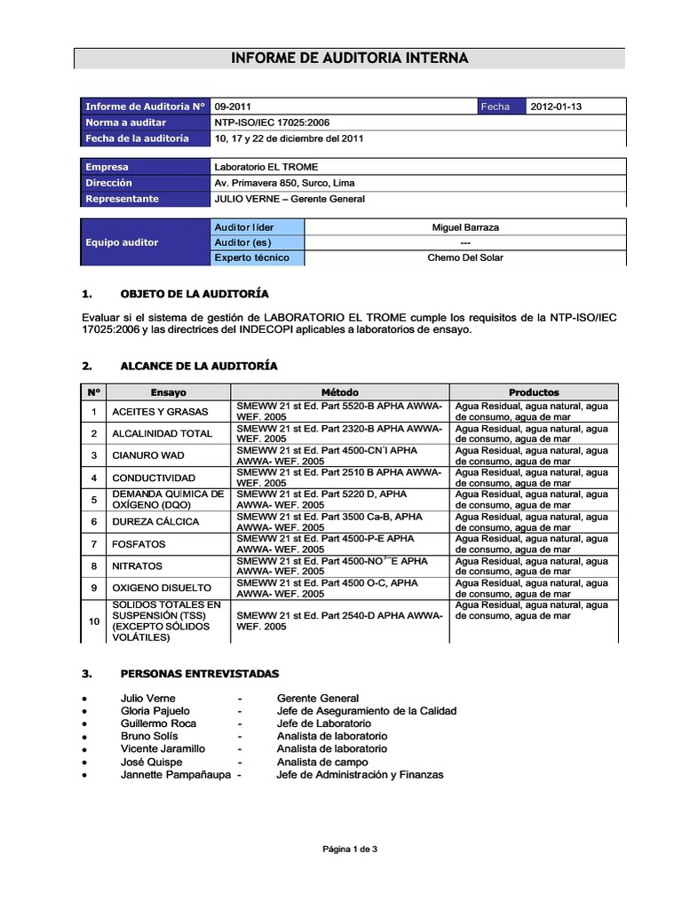 Qdoc - Tips - Ejemplo Informe de Auditoria Interna 17025 | PDF | Auditoría | Agua