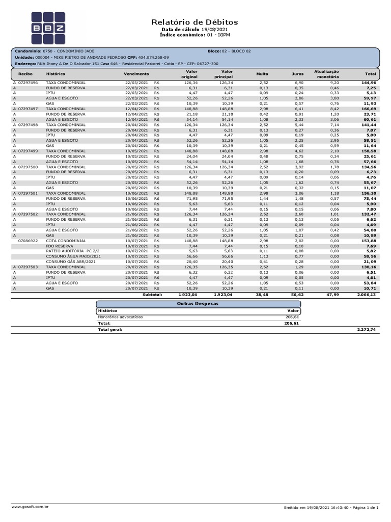 Relatório de Débitos: Data de Cálculo 19/08/2021 Índice Econômico: 01 - IGPM | PDF