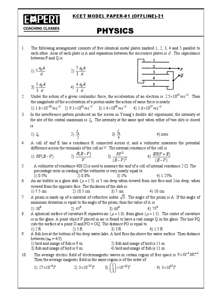 Physics: Kcet Model Paper-01 (Offline) - 21 | PDF | Electron | Electronvolt