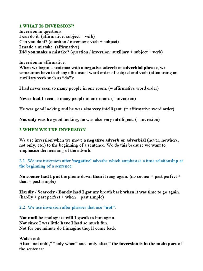 How to Use Inversion in English Sentences | PDF | Verb | Adverb