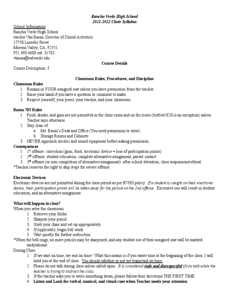 Course Details: Rancho Verde High School 2021-2022 Choir Syllabus | PDF ...